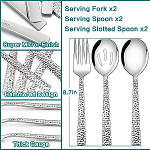 E-far Hammered Serving Utensils Set of 6, Stainless Steel 8.7 Inch Square Hostess Serving Set, Metal Serving Spoon Slotted Spoons Forks for Party Buffet Catering, Mirror Finished & Dishwasher Safe
