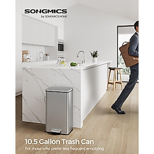 SONGMICS Kitchen Trash Can, 10.5 Gallon (40 L) Garbage Can, Large Step Trash Bin with Lid, Stainless Steel, Soft Close, 15 Trash Bags Included, Silver ULTB540E40