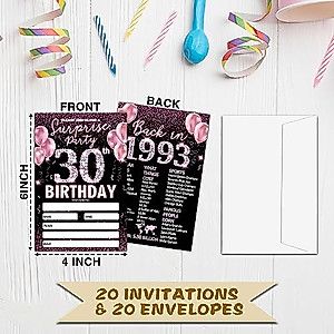 30th Rose Gold Diamonds Birthday Invitations Cards, Double -Sided Pink Glitter Fill-in Invites, 1993 Surprise Birthday Party Supplies Decorations (20 Invites + 20 Envelopes) -A05