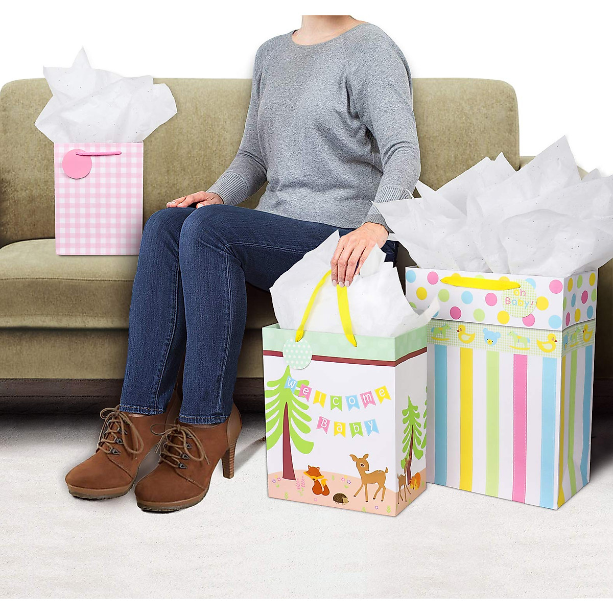 12 Pcs Baby Gift Bags, Large, Medium and Small Gift Bags Assortment for Baby Shower, Birthday, Parties, Baby Girl, and Baby Boy (Assorted Sizes)