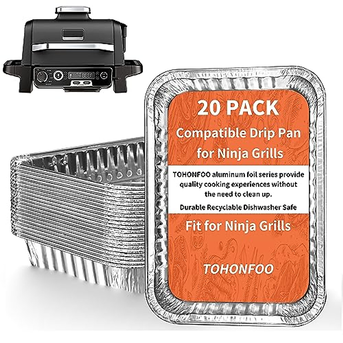 TOHONFOO 20 Pack Drip Pan Liners for Ninja OG701 Woodfire Outdoor Grill & Smoker - Compatible with Weber Genesis - Spirit - Q Series - Disposable Aluminum Foil Grease Tray Liners