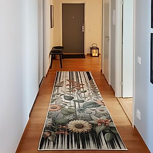 Ambesonne Botanical Decorative Rug, Nostalgic Garden Pattern with Flowers and Leaves on Retro Stripes, Quality Carpet Bedroom Dorm and Living Room, 2' 5" x 7' 5", Sage Green and Salmon
