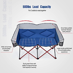Goplus Loveseat Camping Chair, Double Folding Chair for Adults Couples w/Storage Bags & Padded High Backrest, Oversize Camp Seat for Fishing Picnic (Blue)