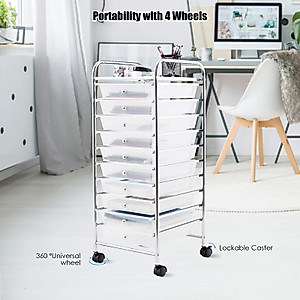 ORALNER 10-Drawer Rolling Storage Cart, 10 Tiers Utility Cart w/Wheels, Metal Frame Home Office School Organizer Cart, Mobile Space Saving File Storage Organizer Cart w/Lockable Casters (Clear)