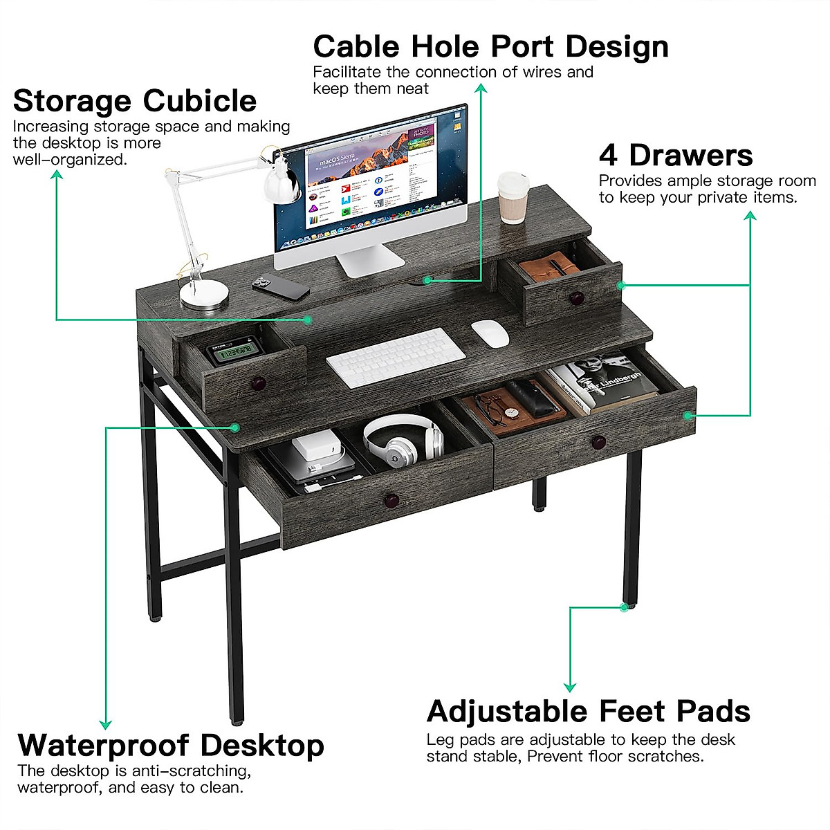 Elephance Small Computer Desk with Monitor Stand 39.37" Home Office Desk with 4 Drawers Study Writing Desk Gaming Table for Small Space