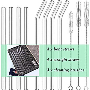 8pcs Glass Drinking Straws, Straight 9 inches x 10mm Bent 8.2 inches x 10mm, Reusable for Hot or Cold Drinks, Eco Friendly, Cleaning Brushes Included
