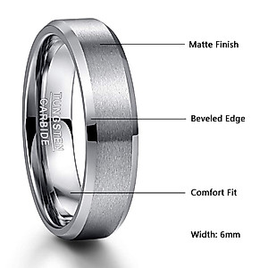 Vakki Womens Rings Silver Tungsten Carbide Engagement Ring Matte Finish 6mm Unisex Rings Polished Beveled Edge Comfort Fit Size 11.5