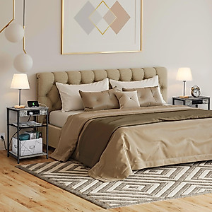 Set of 2 Nightstand with Charging Station, 3 Tier End Table with USB Ports & Power Outlets, Narrow Side Table for Small Spaces, Bedside Tables for Bedroom, Living Room, Gray