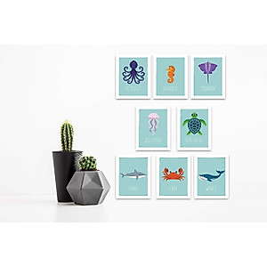Kindred Sol Collective Ocean Animals Wall Cards, Nautical Nursery Room Decor, Kids Educational Marine Art, Toddler Gift, Set of 8 5x7 inch Prints for Classroom, Daycare and Playroom