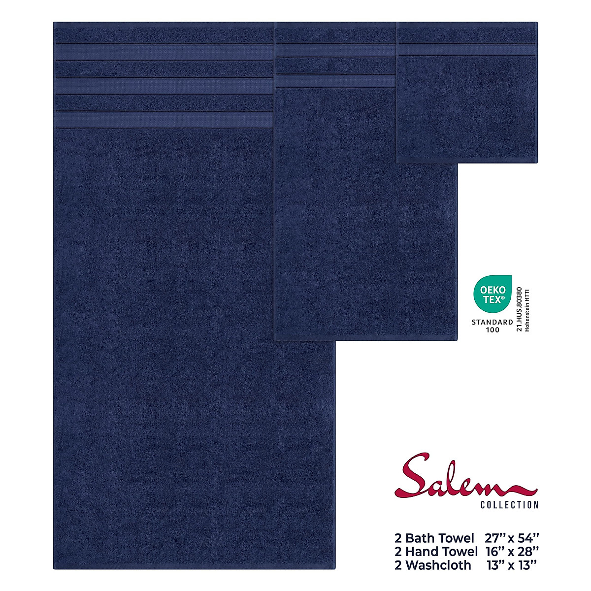 American Soft Linen Salem Bath Towel Set, 100% Cotton 6 Piece Towels for Bathroom, 2 Bath Towels 2 Hand Towels 2 Washcloths, Navy Blue