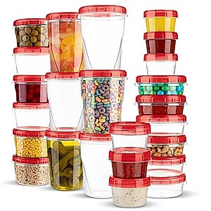 PLASTICPRO 24 Pack Twist Top Containers Assorted Sizes Plastic Food Storage Containers with Red Twist on Lids Stackable Reusable