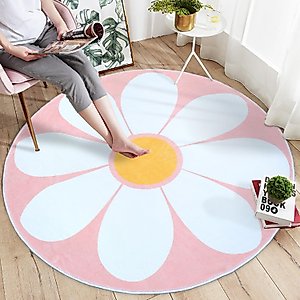 Sunflower Circle Carpet,Super Soft Cute Round Rugs,47" Pink Children Area Rugs,Furry Carpet for Teen's Room,Kawaii Carpet,Room Decor for Baby,Girls Bedroom Decor Rugs, FIPPLEY06088