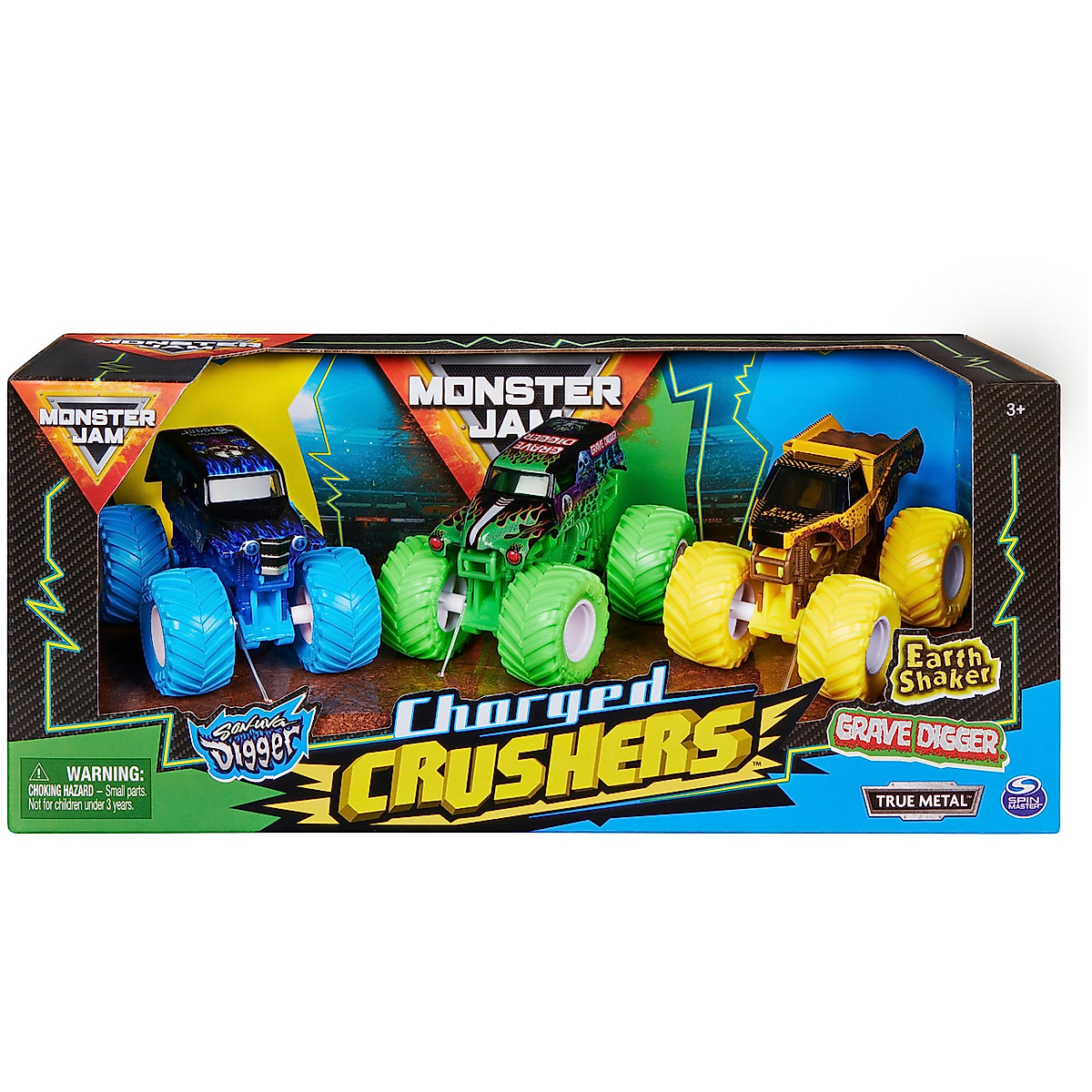 Monster Jam, Charged Crushers 3-Pack (Grave Digger, Son-Uva Digger and Earth Shaker), 1:64 Scale