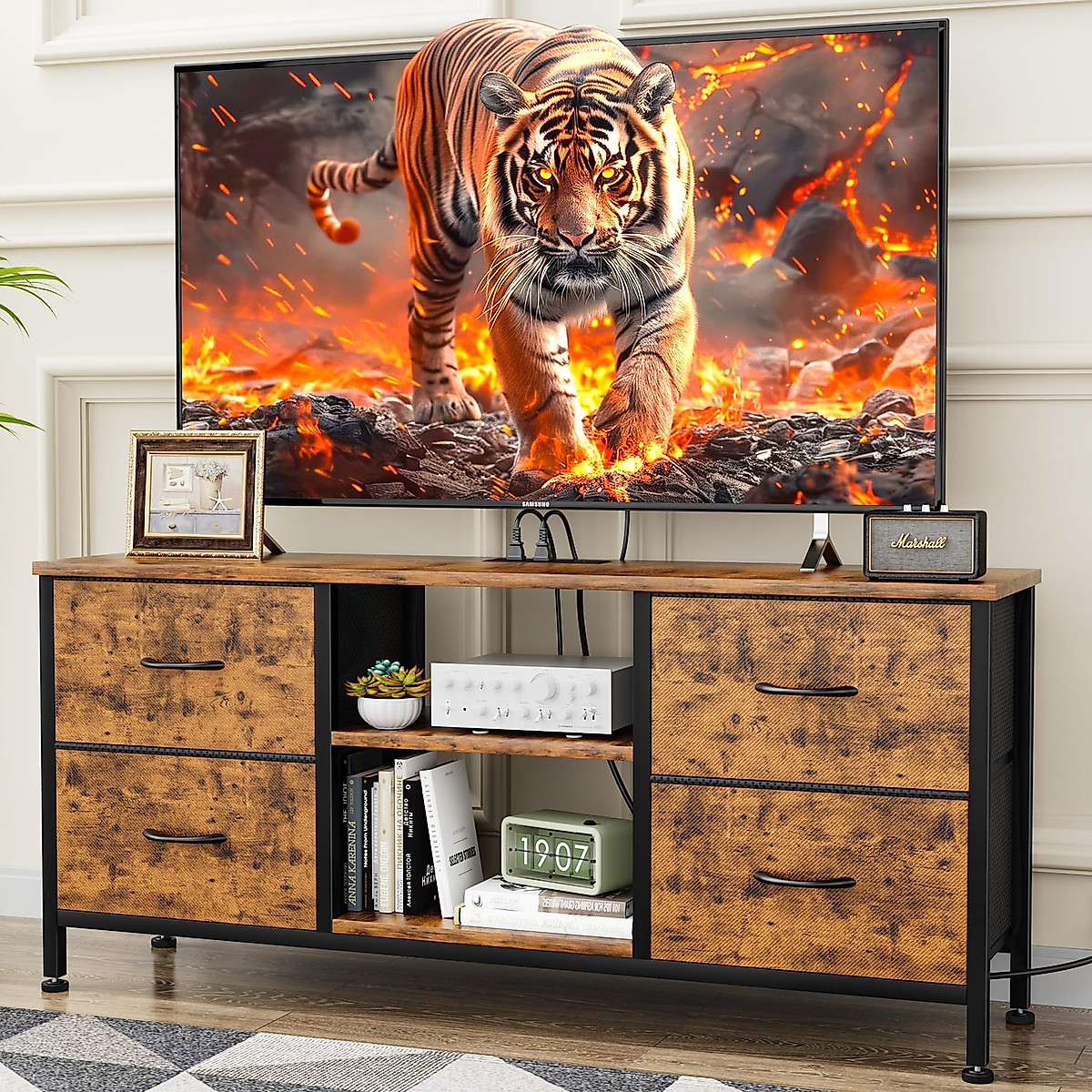 Lulive Dresser TV Stand, Wide Dressers & Chests of Drawers with Charging Station & 4 Drawers Storage for 50 inch TV, Media Console Sofa Table for Bedroom, Living Room (Rustic Brown)