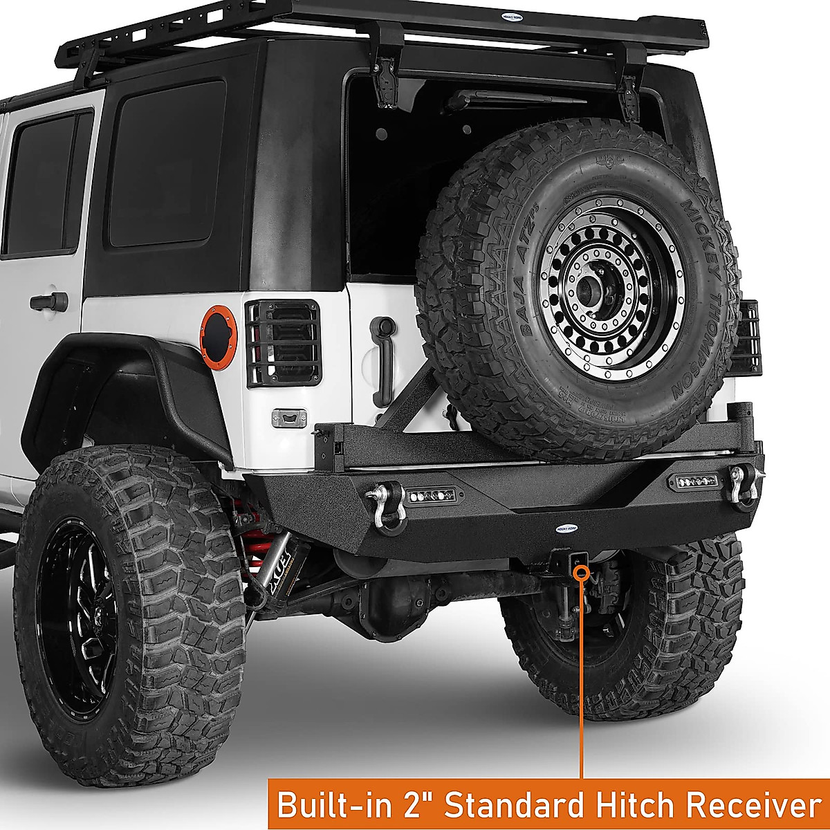 u-Box Wrangler JK Rear Bumper w/Spare Tire Carrier & Receiver Hitch & 2X LED Floodlights for Jeep Wrangler JK & JKU 2007-2018 - Different Trail