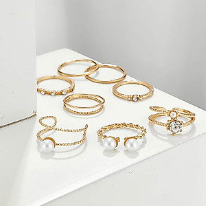 Missgrace 8 Piece Gold Knuckle Ring Set Vintage Pearls Rhinestones Boho Stackable Adjustable Rings for Women (Style 5)