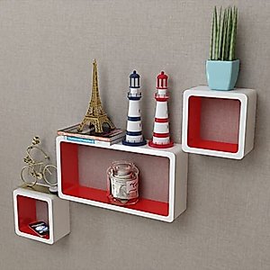 Kagoono Floating Shelves Wall Shelves, Hanging Shelves Wall Mounted Cube Shelves, Display Shelves Home Decoration Ledge, for Bedroom/Living Room, Set of 3 Different Sizes, White-Red
