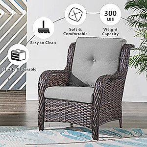 Belord Patio Furniture Conversation Sets 2 Peices Wicker Chairs, Wide Armchair Outdoor Furniture Sets for Porch, Balcony, Backyard, All Weather Brown Wicker Chair with Grey Cushion
