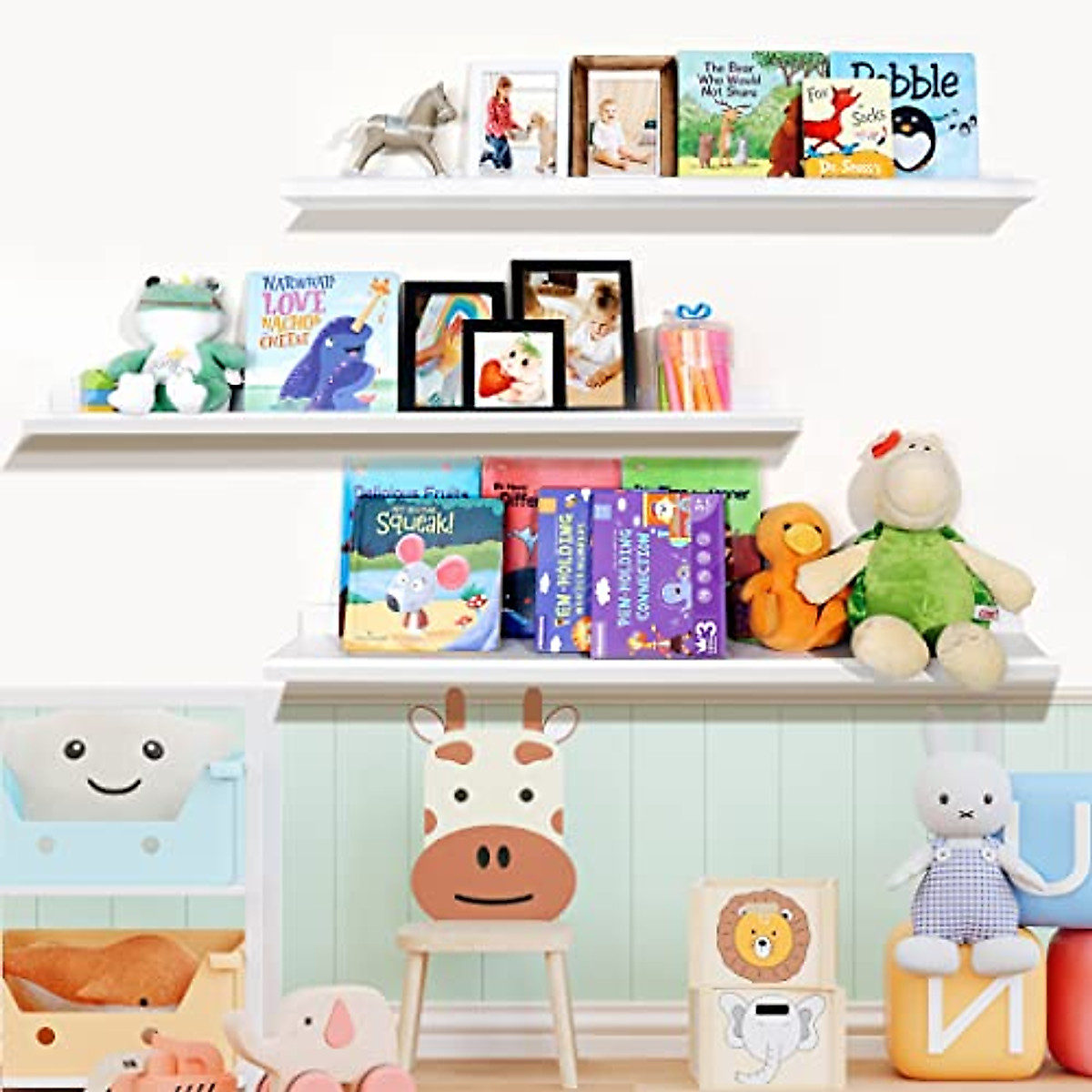 Annecy Floating Shelves Wall Mounted Set of 3, 36 Inch White Rustic Wood Shelves for Wall, Wall Storage Shelves with Guardrail Design for Bedroom, Bathroom, Kitchen, Office, 3 Different Sizes