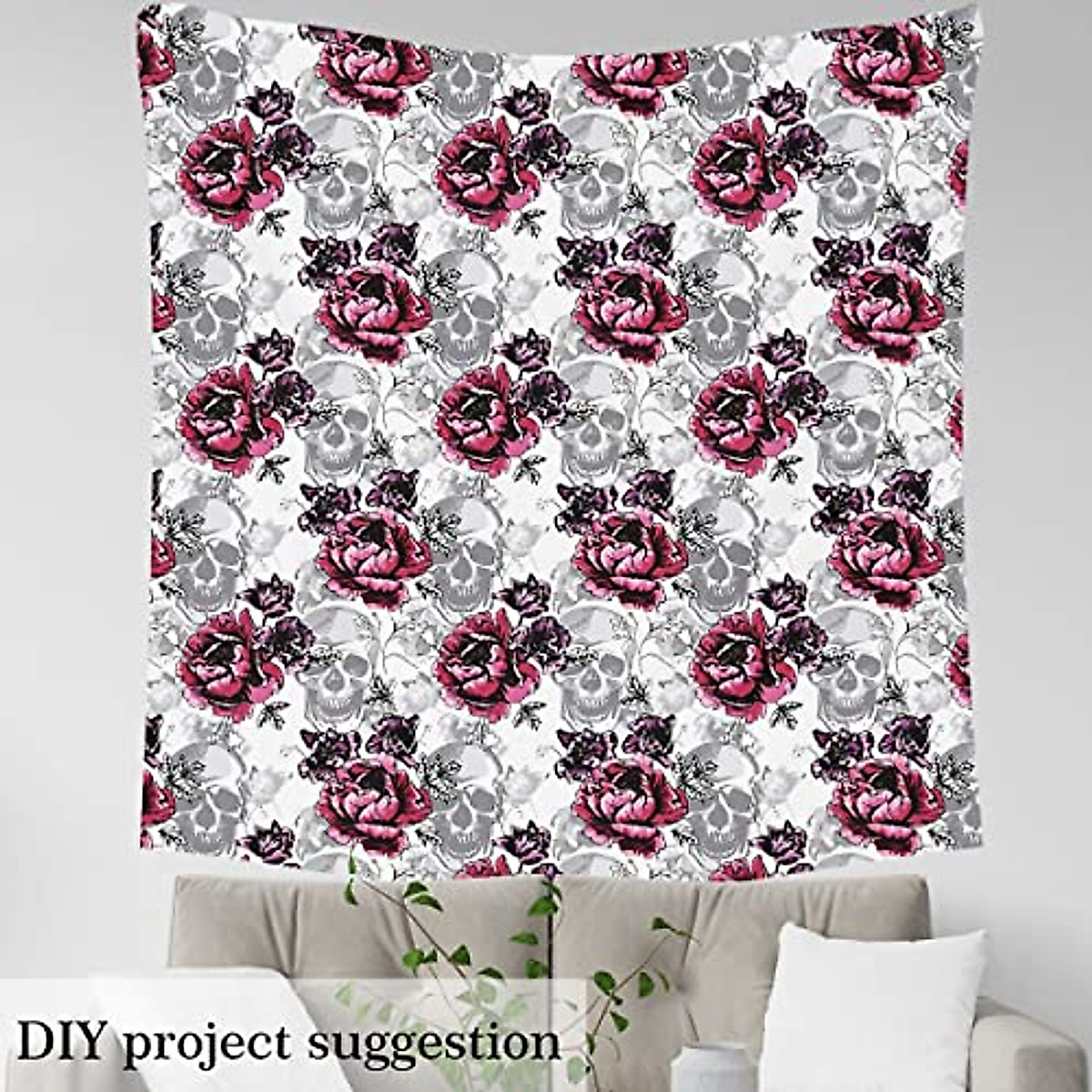 Sugar Skull Fabric by The Yard, Rose Floral Upholstery Fabric, Halloween Flower Decorative Fabric, Retro Gothic Skeleton Indoor Outdoor Fabric, Bones DIY Art Waterproof Fabric, Red Grey, 5 Yards