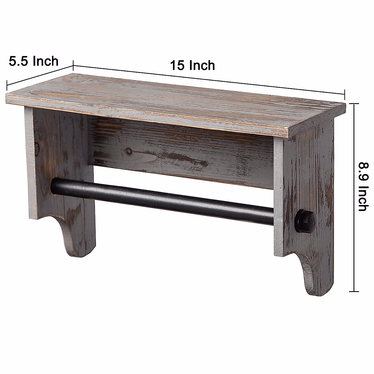 ExoLiry Wall Mounted Bathroom Towel Rack Torched Wood Rustic Brown Hanging Floating Shelf Industrial Black Metal Pipe Bar Restroom Organizer Robe Shampoo Body Wash Holder Clothing Kitchen Storage Home