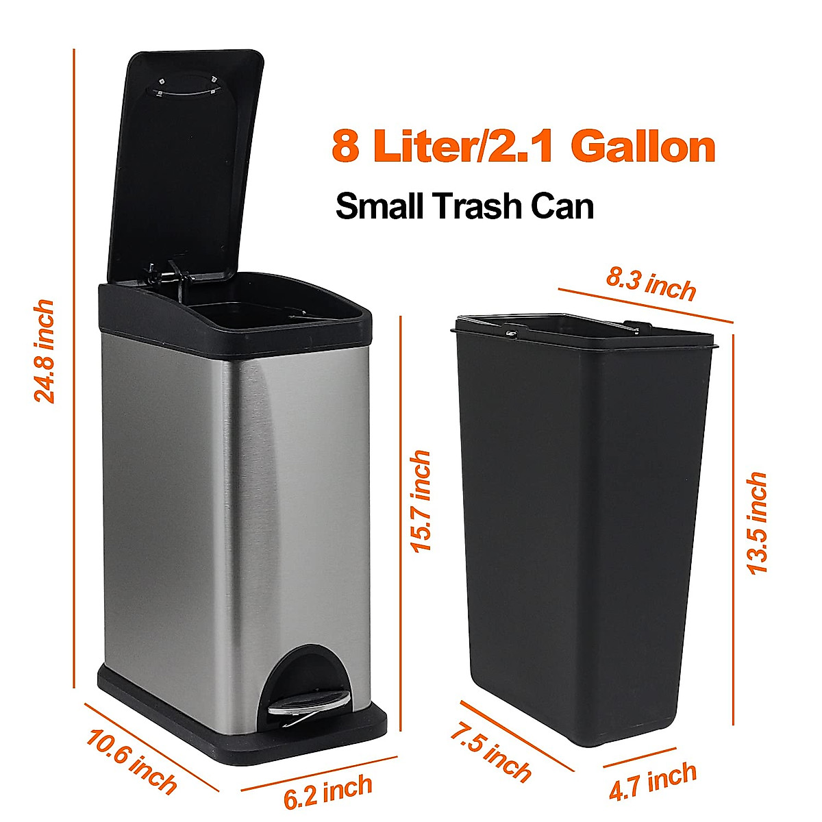 Hompus 2.1Gal/8L Stainless Steel Trash Can with Lid Soft Close, Removable Inner Waste Basket, Slim Small Garbage Can for Bathroom Bedroom Office, Rectangular Step Trash Bin, Anti-Fingerprint Finish