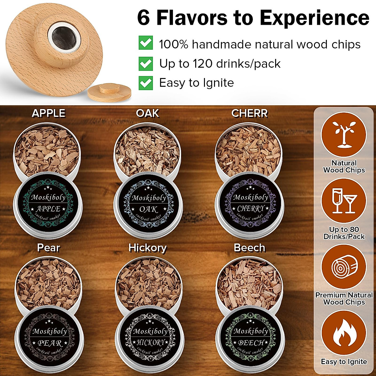 Moskiboly Cocktail Smoker Kit Old Fashioned, Whiskey Smoker Kit with Torch, Bourbon Smoker Infuser Kit with 6 Flavors of Wood Chips, Christmas Birthday for Men, Father(with lid)