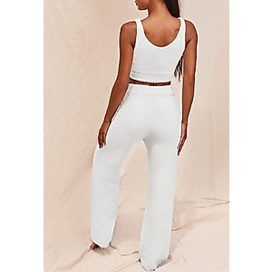 Fixmatti Women's Fuzzy 3 Piece Sweatsuit Open Front Cardigan Crop Tank Tops Wide Legs Pants Lounge Sets (Small, 1-White)