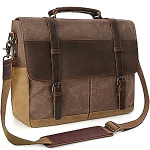 Messenger Bag for Men 15.6 Inch Waterproof Large Satchel Bag Vintage Genuine Leather Waxed Canvas Laptop Briefcase Rugged Leather Computer Shoulder Work Bag Brown
