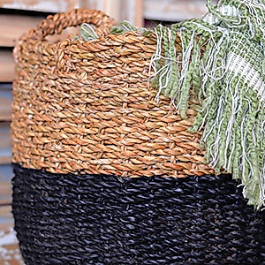 WHW Whole House Worlds Cape Cod Seagrass Baskets, Set of 3, Paint Dipped, Chunky Weave, Nautical Gray, Natural, Barrel Belly, Top Handles, 15.75, 13.75, and 11.75 Inches Tall