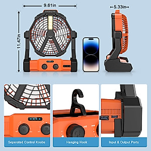 trekkinglamb 8000mAh 3 Speed Battery Powered Fan with Hook Handle, Personal Fan Camping Fan for Tent Camping Hiking Power Outage, Rechargeable Fan Camping with Reading Lamp Led Lantern