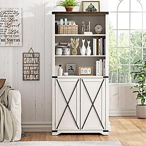 Farmhouse Bookshelves and Bookcases with Doors, Antique White Tall Bookshelf with Storage Cabinet, Kitchen Pantry Bathroom Organizer, 5-Tier Country Rustic Display Rack for Living Room, Home, Office