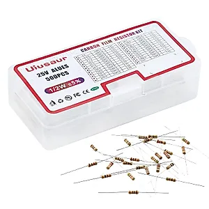 Uiusaur 500pcs 25 Value Carbon Film Resistors Assortment Kit 1 Ohm-1M Ohm with 5% 1/2W for Industrial Electrical and Arduino， TV, LCD Monitor, Radio, Stereo, Game, Refrigerator, Water Heater, etc.