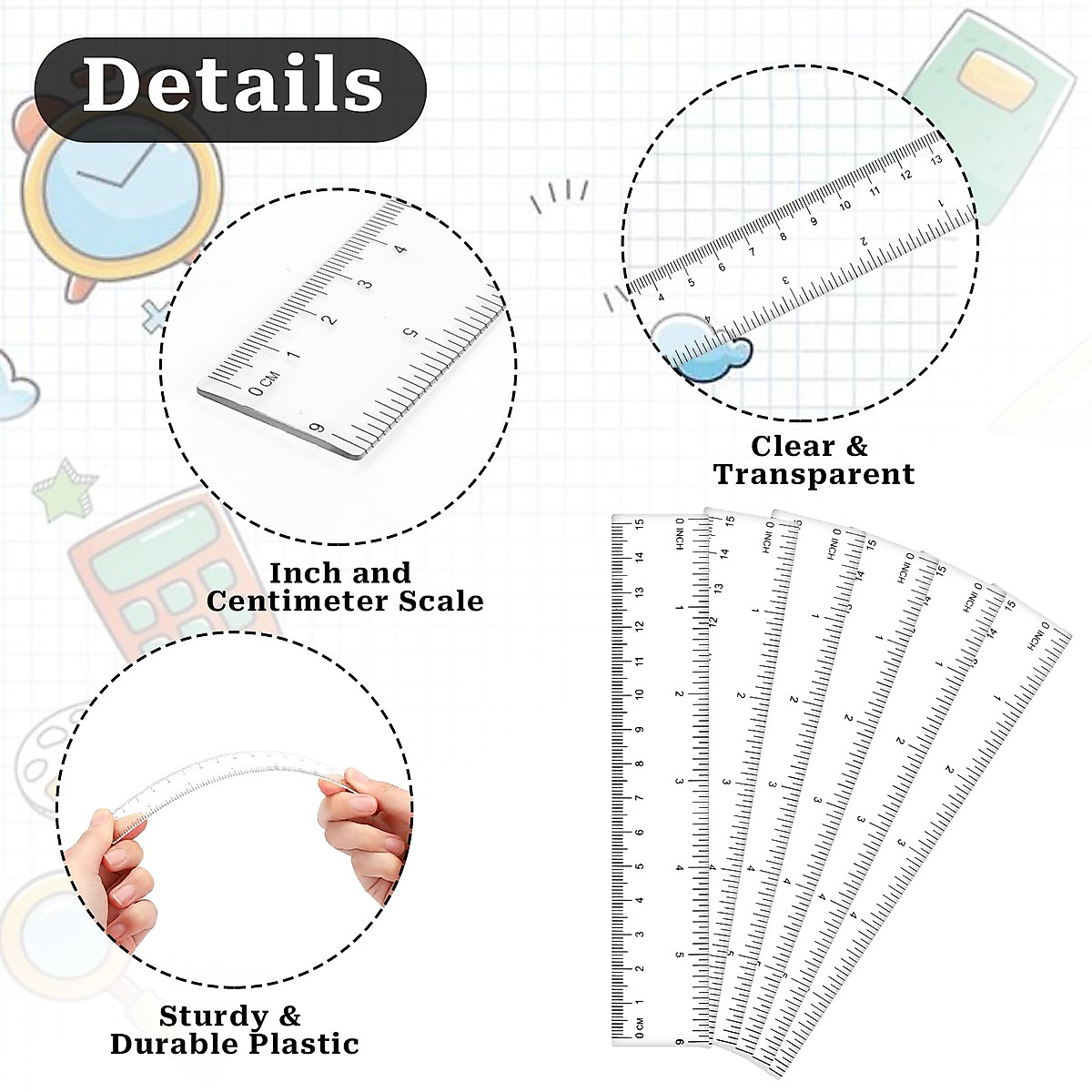 6Pcs 6 inch Ruler Clear Plastic Ruler Plastic Ruler Drafting Tools, Straight Shatterproof Rulers Transparent Rulers for Office Supply Ruler (Clear)