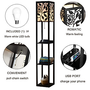 Floor Lamp with Shelves -Shelf Floor Lamp with 2 USB Charging Ports & Electric Outlet - Tall & Narrow Tower Nightstand for Living Room & Bedroom - Modern, Asian End Table with Light Attached