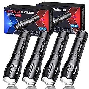 RECHOO Tactical Flashlights 4 Pack, Bright Zoomable LED Flashlights with High Lumens and 5 Modes, Waterproof Portable Pocket Flash Light for Emergency, Camping, and Outdoor Use - S1500
