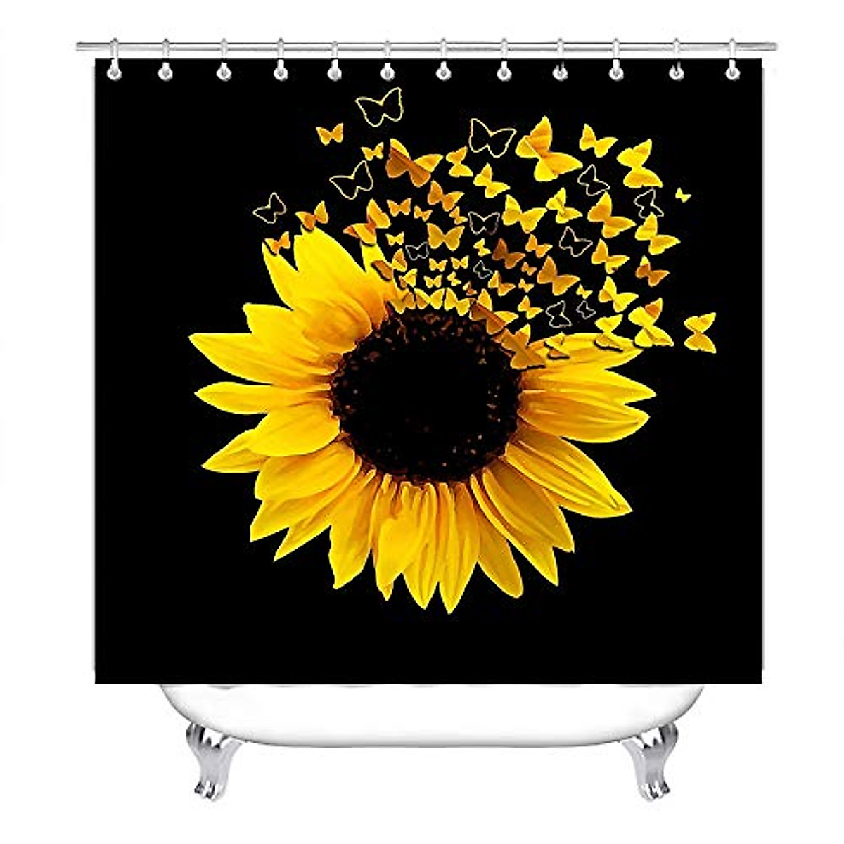 Jayden&Madge 4PCS/Set Magic Butterfly Sunflower Shower Curtain Flower Bathroom Set, Waterproof Fabric Cloth Bath Curtain, Non-Slip Bathroom Rugs Toilet Rugs Bath Mats, Floral Bathroom Decor, Butterfly