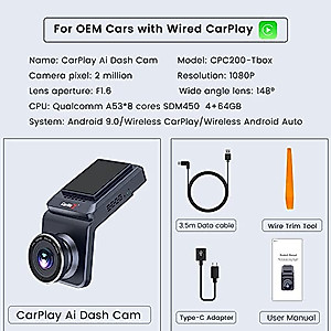 CarlinKit Dash Cam with Wireless CarPlay & Wireless Android Auto Adapter Dash Camrea, 4G+64G, Built in GPS, Support YouTube, Netflix