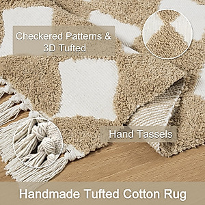 Collive Checkered Boho Bathroom Rugs, 2x3 Small Cute Throw Rug for Bedroom Modern Washable Bath Mats Cotton Woven Tufted Rug, Farmhouse Entryway for Kitchen Laundry Entrance Decor, Khaki