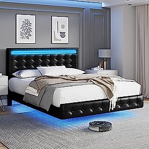 Full Bed Frame with LED Lights Visual-Floating Bed for Modern Space, Upholstered Leather Headboard and Footboard Platform Bed with Spacious Under Bed Storage, Wood Slats Support Easy Assembly, Black