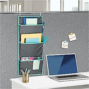 mDesign Soft Fabric Wall Mount/Over Door Hanging Storage Organizer - 3 Large Pockets - Holds Office Supplies, Planners, File Folders, Notebooks - Gray/Teal Blue