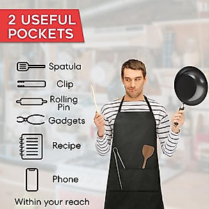 Comfyanno Aprons for men, 2 Pack 100% Cotton Mens Apron, Black Chef Kitchen Cooking Apron, Men Grilling BBQ Apron with 2 Pockets, Waterproof Man Apron for Gardening, Baking