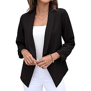 GRECERELLE Women's Blazer Suit Open Front Cardigan 3/4 Sleeve Fitted Jacket Casual Office Cropped Blazer Black-16