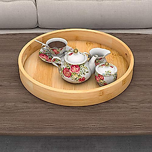 Zhuoyue Round Serving Tray with Handles - Wood Bamboo Decorative Tray for Ottoman, Coffee Table Circle Tray for Food, Cocktail, Drink