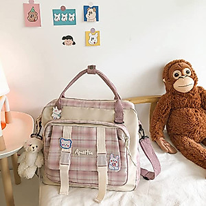 Kawaii Backpack with Bear Plush and Pins, Cute Backpack Japanese School Handbag Handbag Ita Bag for School (Pink)