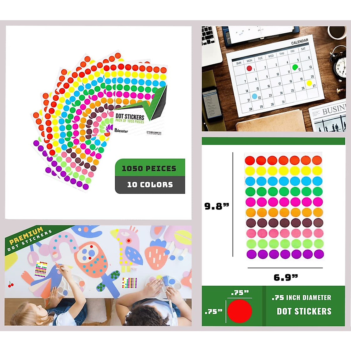 Blesstur 1050 PCS Dot Stickers- Circle Stickers, 10 Color Style Colorful Round Coding Label Sticker for Office,Student Classroom , 0.75 inches , 70 Labels per Sheet