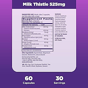 Natrol Milk Thistle 525 mg per serving, Dietary Supplement for Digestive Health, Milk Thistle Supplement, 60 Capsules, 30 Day Supply