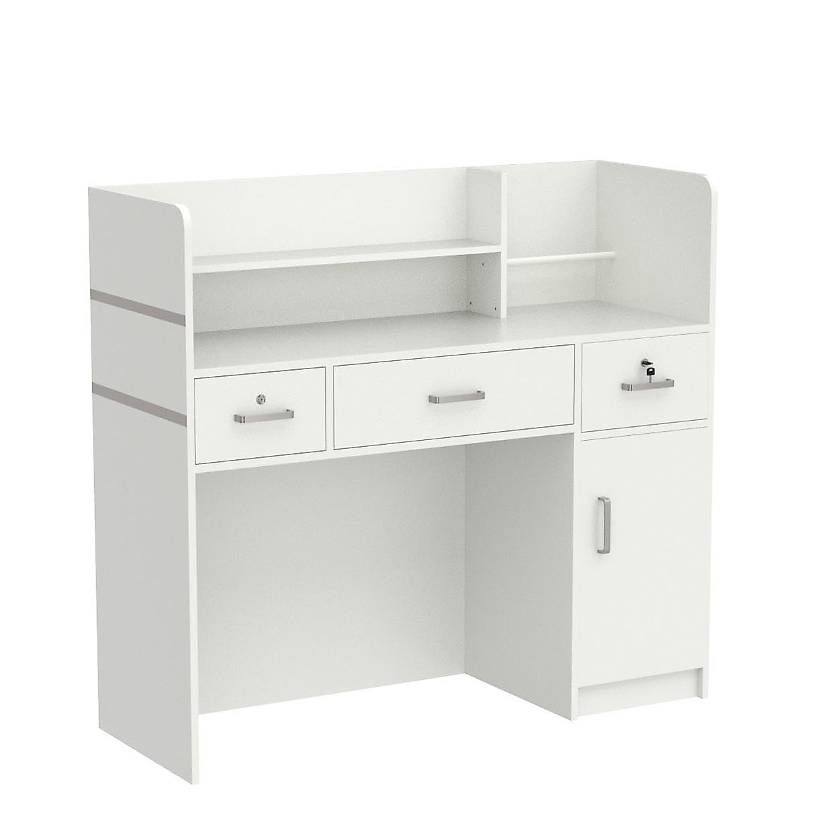 Homsee Modern Reception Desk with 3 Drawers, 1 Door Storage Cabinet & Hutch Shelf, Office Wooden Computer Desk, Writing Study Table PC Laptop Desk, White (47.3" L x 18.3" W x 43.3" H)
