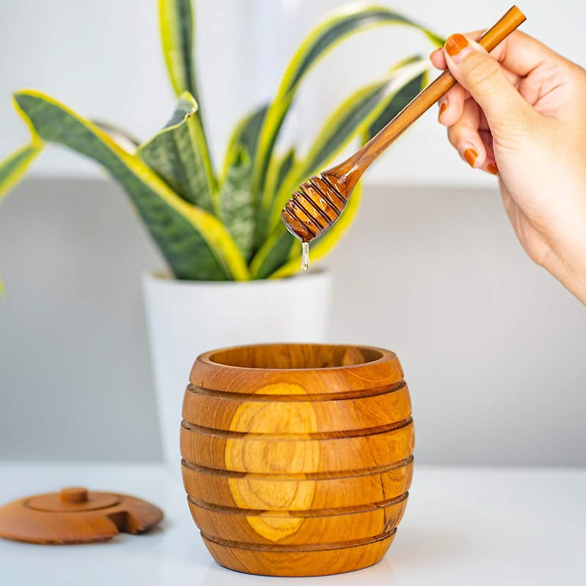 Rainforest Bowls Javanese Teak Wood Honey Jar w/Dipper Set- Ideal for Storing Honey, Jam & Syrups- Ultra-Durable- Premium Wooden Honey Jar Handcrafted by Indonesian Artisans
