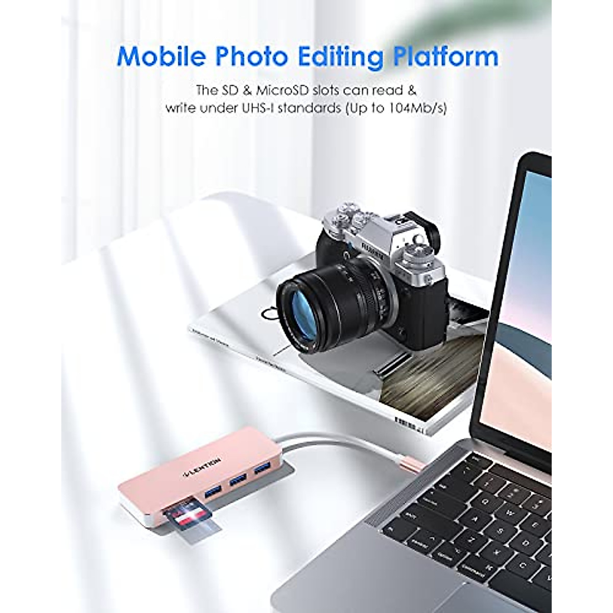 LENTION USB C Hub with 3 USB 3.0 & SD/Micro SD Card Reader Compatible 2022-2016 MacBook Pro, New Mac Air/iPad Pro/Surface, More, Stable Driver Certified Type C Adapter (CB-C15, Rose Gold)
